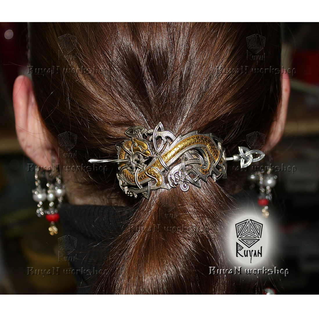 Celtic Dragon Hair clip. Sterling silver - Ruyan